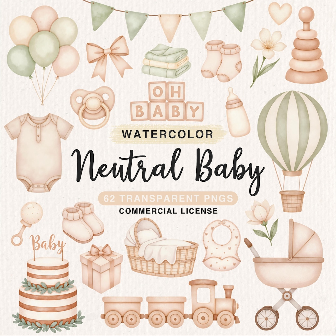 Watercolor Neutral Baby Shower Clipart Bundle, Boho Beige Gender ...