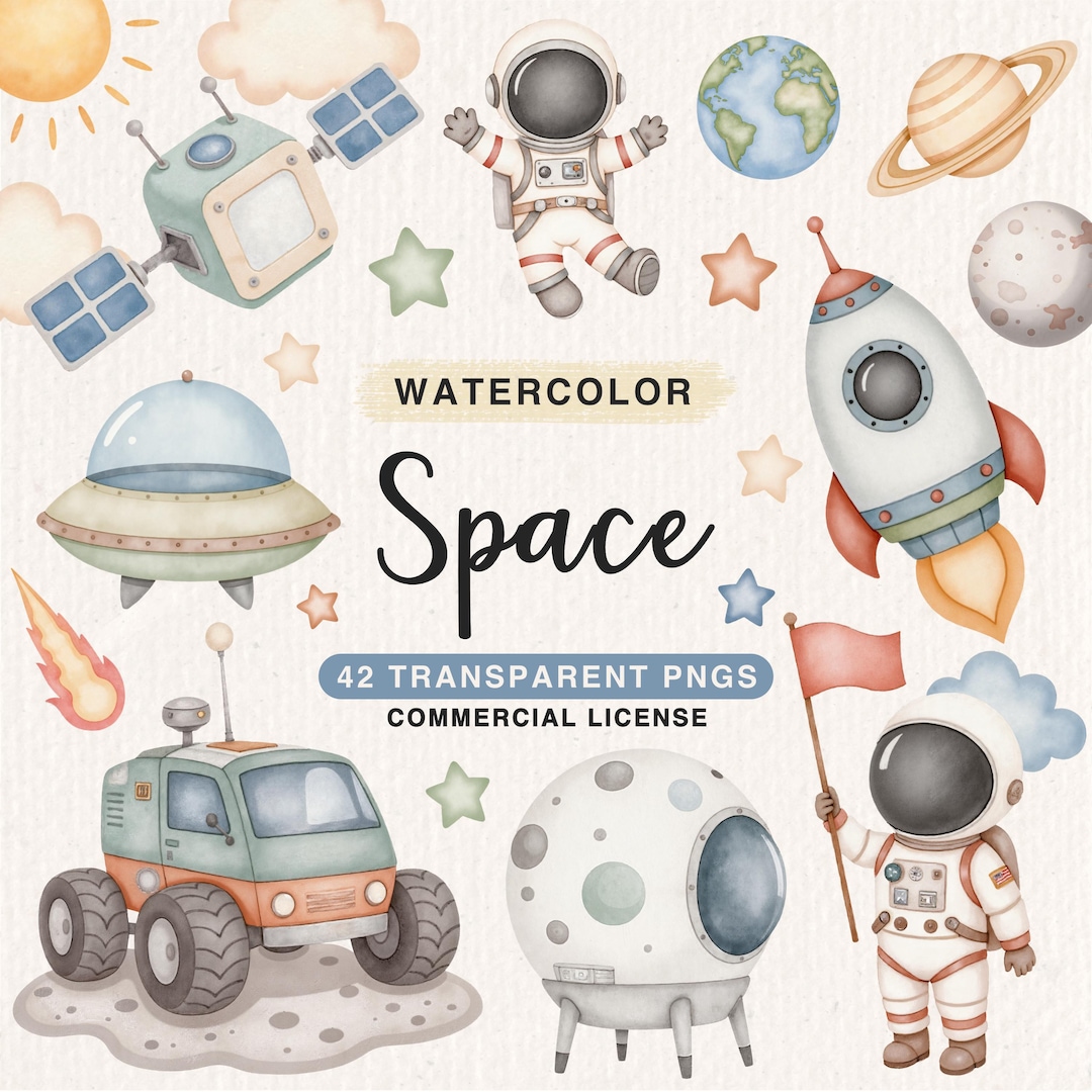Watercolor Space Clipart Bundle, Astronaut Clipart, Planets Rockets ...