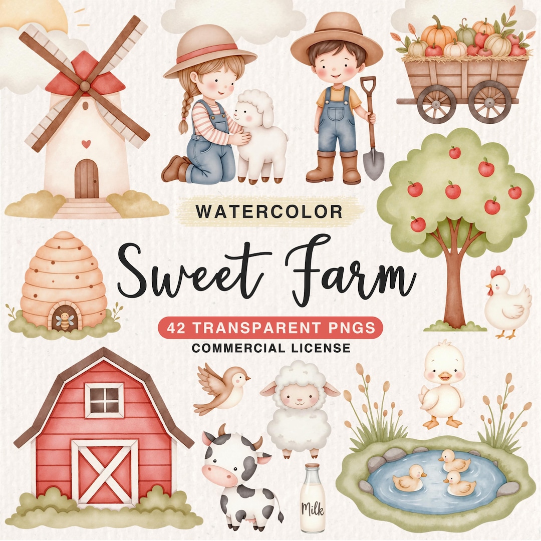 Watercolor Farm Clipart Bundle, Farm Animals Clipart, Cottage Farm Life ...