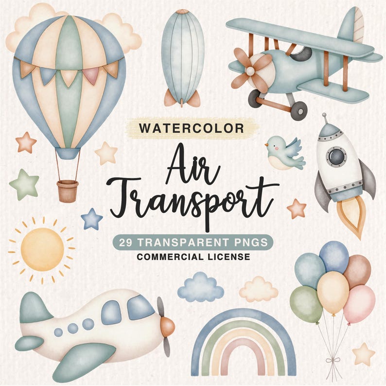Watercolor Air Transport Clipart Bundle, Airplane Kids Nursery Clipart ...