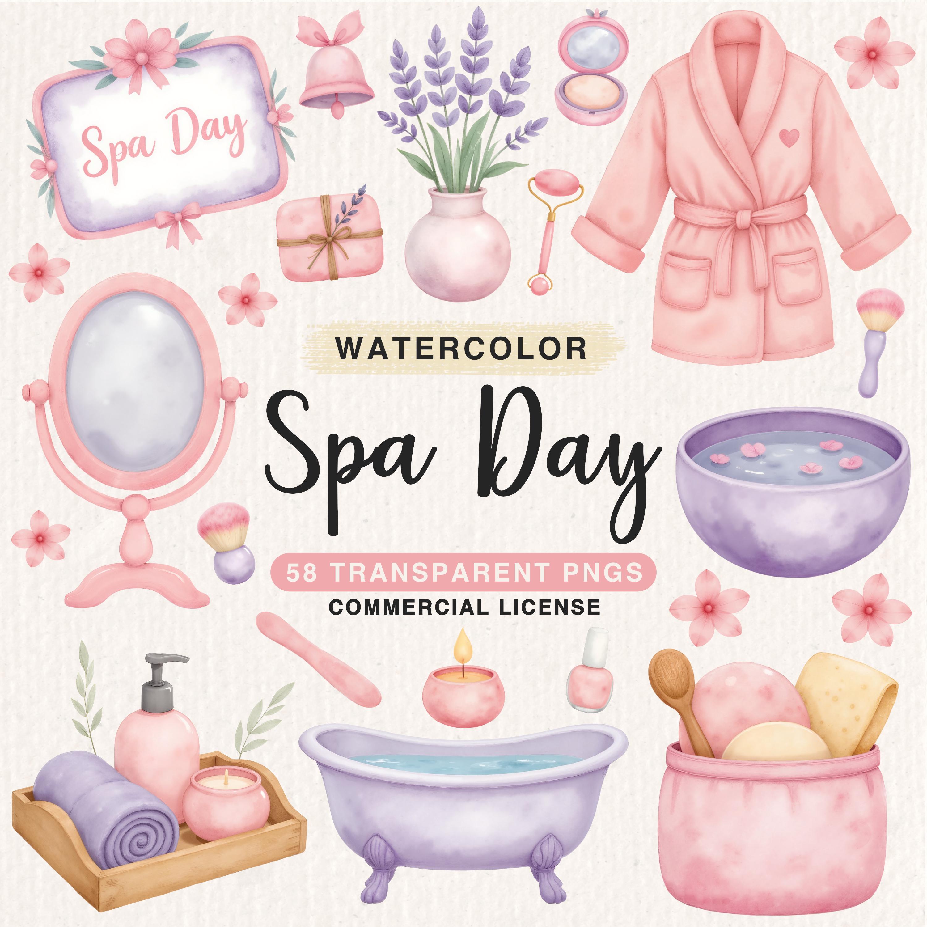 Watercolor Spa Day Clipart, Pastel Pink Purple Spa Party Clipart, Cute ...