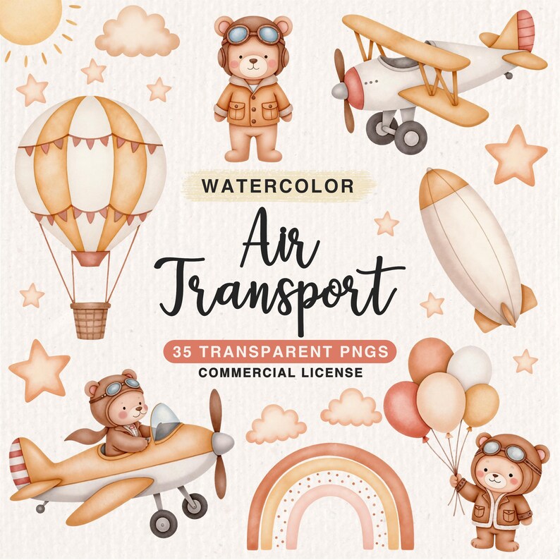 Watercolor Air Transport Clipart Bundle, Airplane Kids Nursery Clipart ...