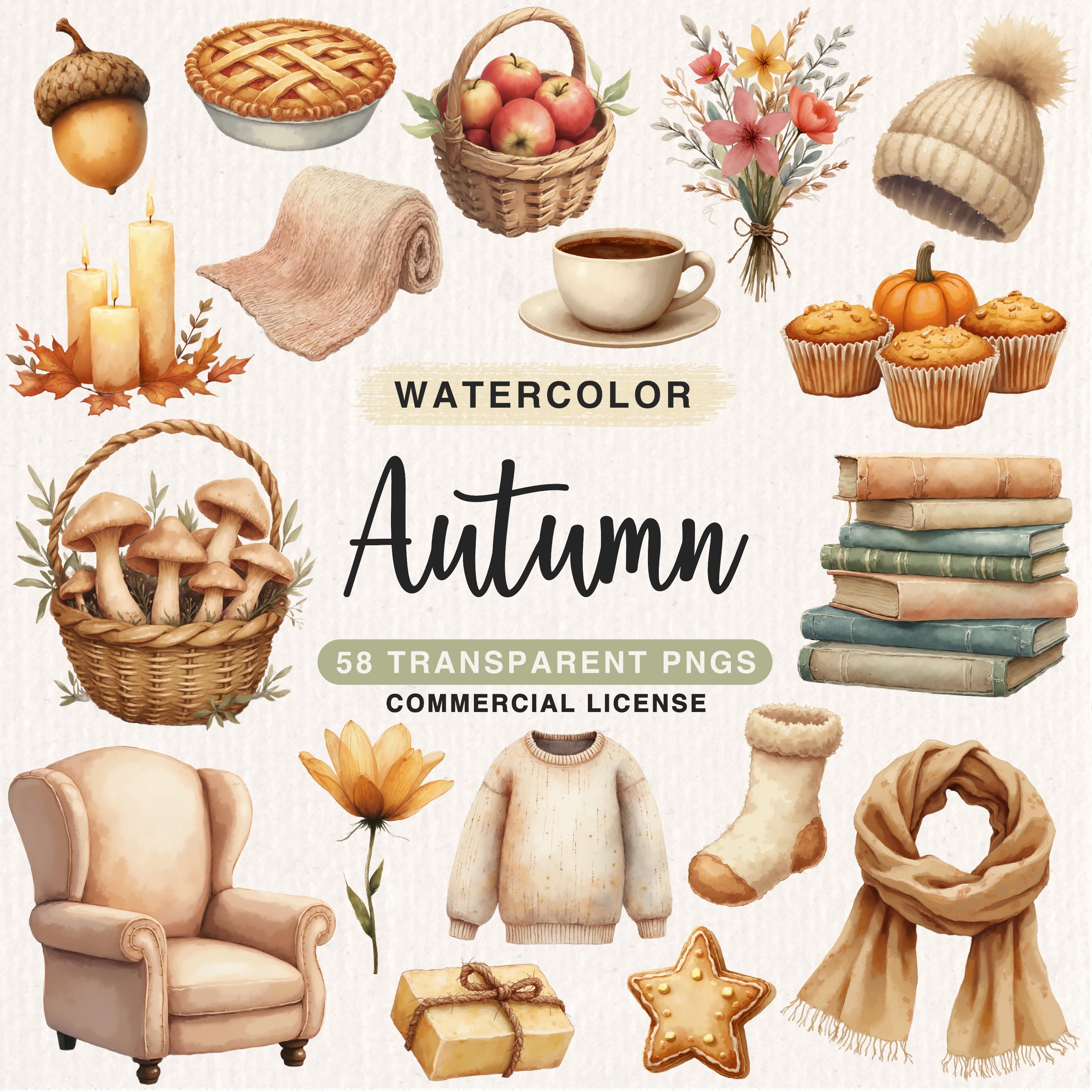 Watercolor Cozy Autumn Clipart Bundle, Fall Clipart, Digital Download ...