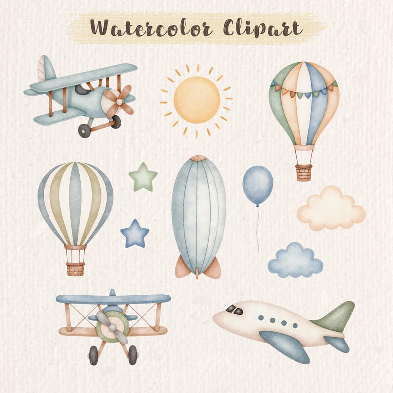 Watercolor Air Transport Clipart Bundle, Airplane Kids Nursery Clipart ...