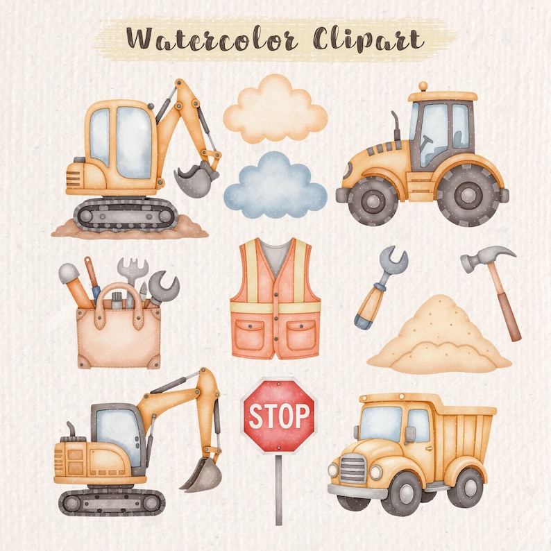Watercolor Construction Clipart Bundle, Construction Vehicles Clipart ...
