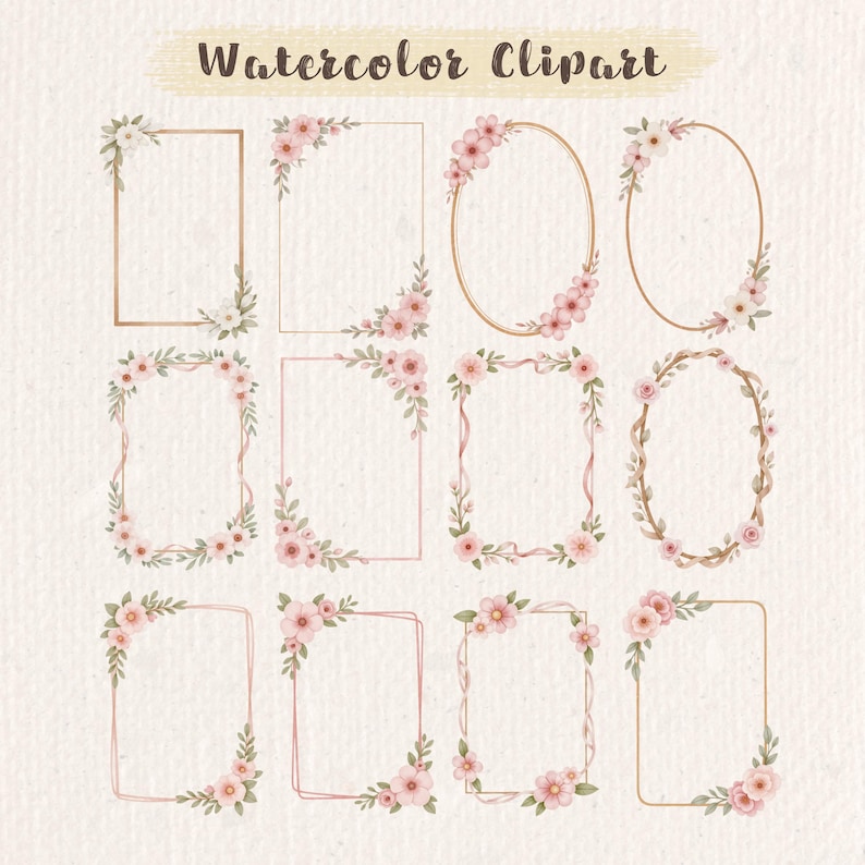 Romantic Pink Floral Frames Clipart Bundle, Pink Flower Border, Minimal ...