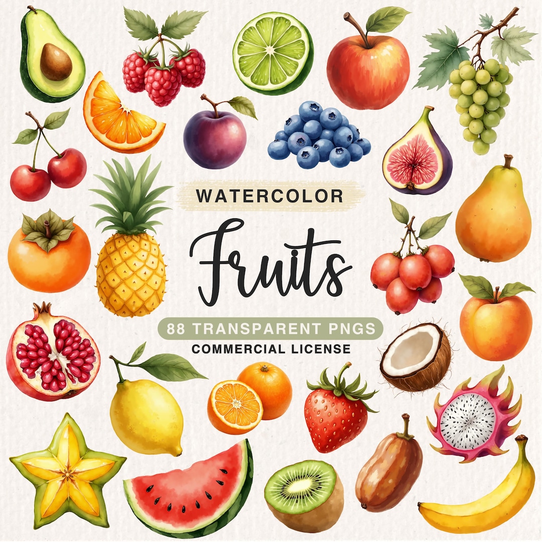 Watercolor Fruits Clipart Bundle, Fruits Clipart, Digital Download, PNG ...