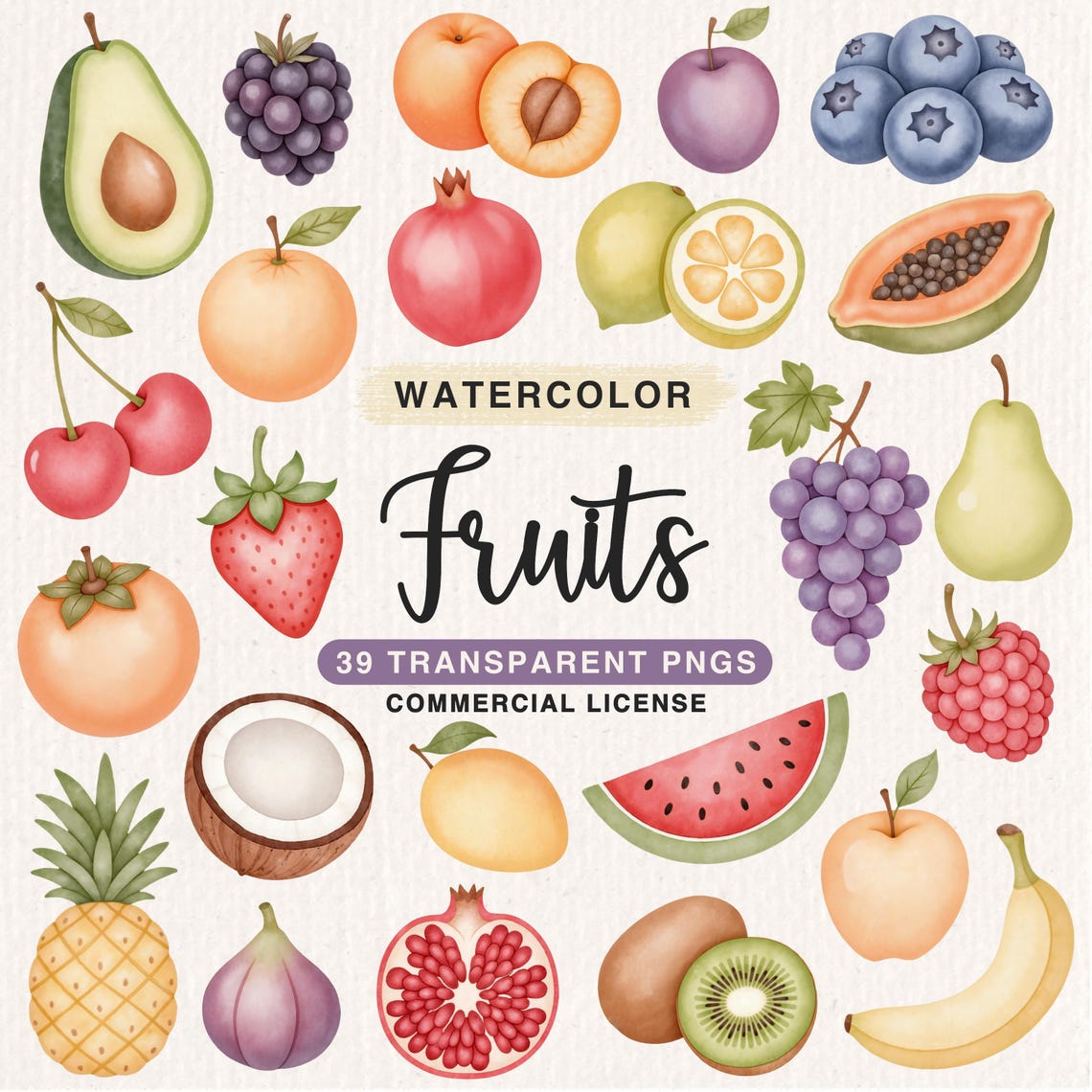 Watercolor Fruits Clipart Bundle, Cute Fruits Clipart, Digital Download ...