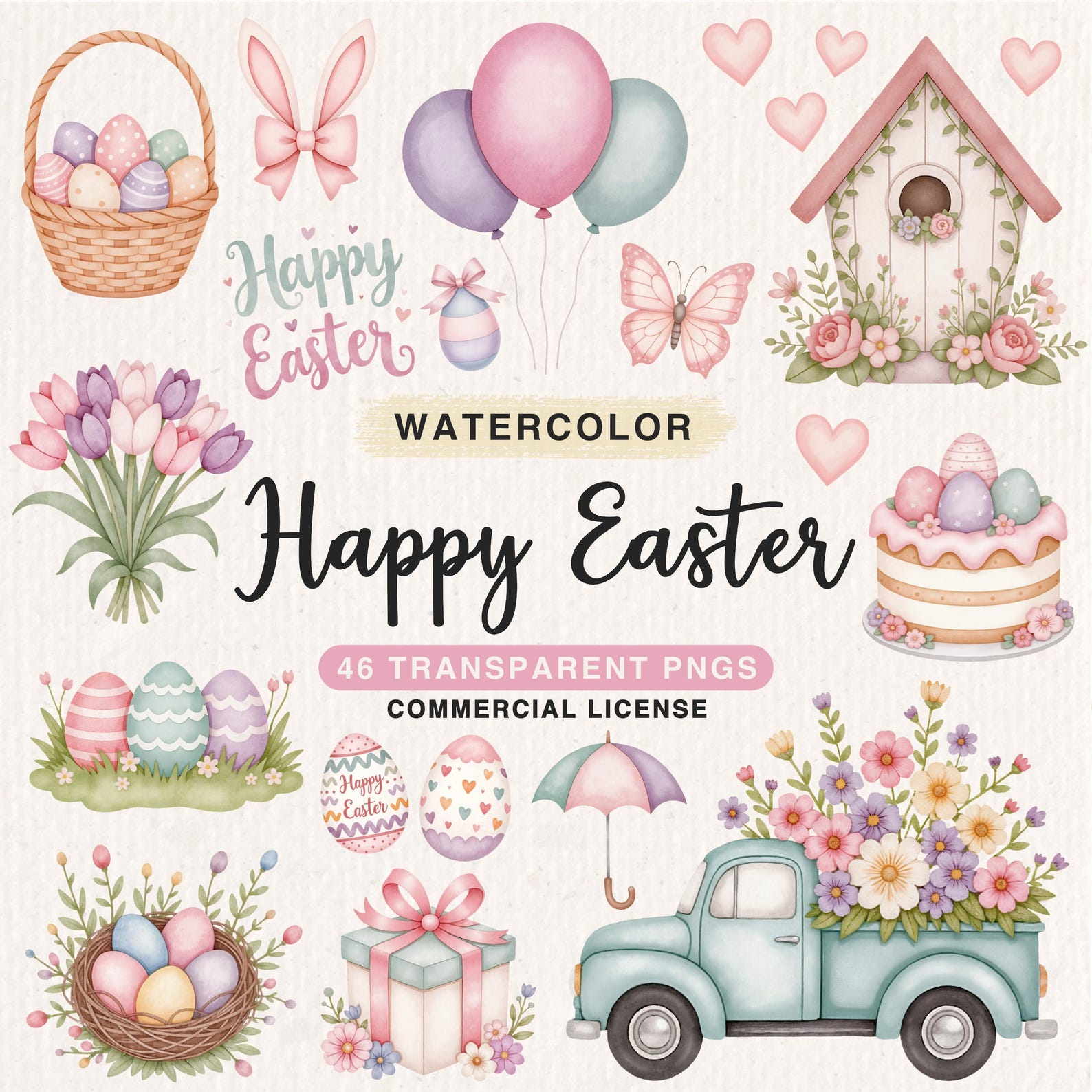 Watercolor Happy Easter Clipart, Pastel Spring Easter Egg Clipart ...