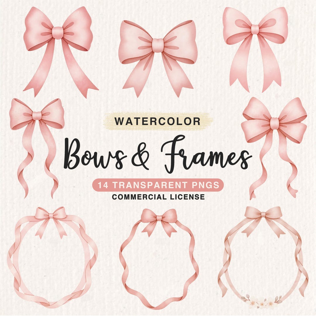 Romantic Pink Bows & Frames Clipart Bundle, Pink Ribbons Border ...