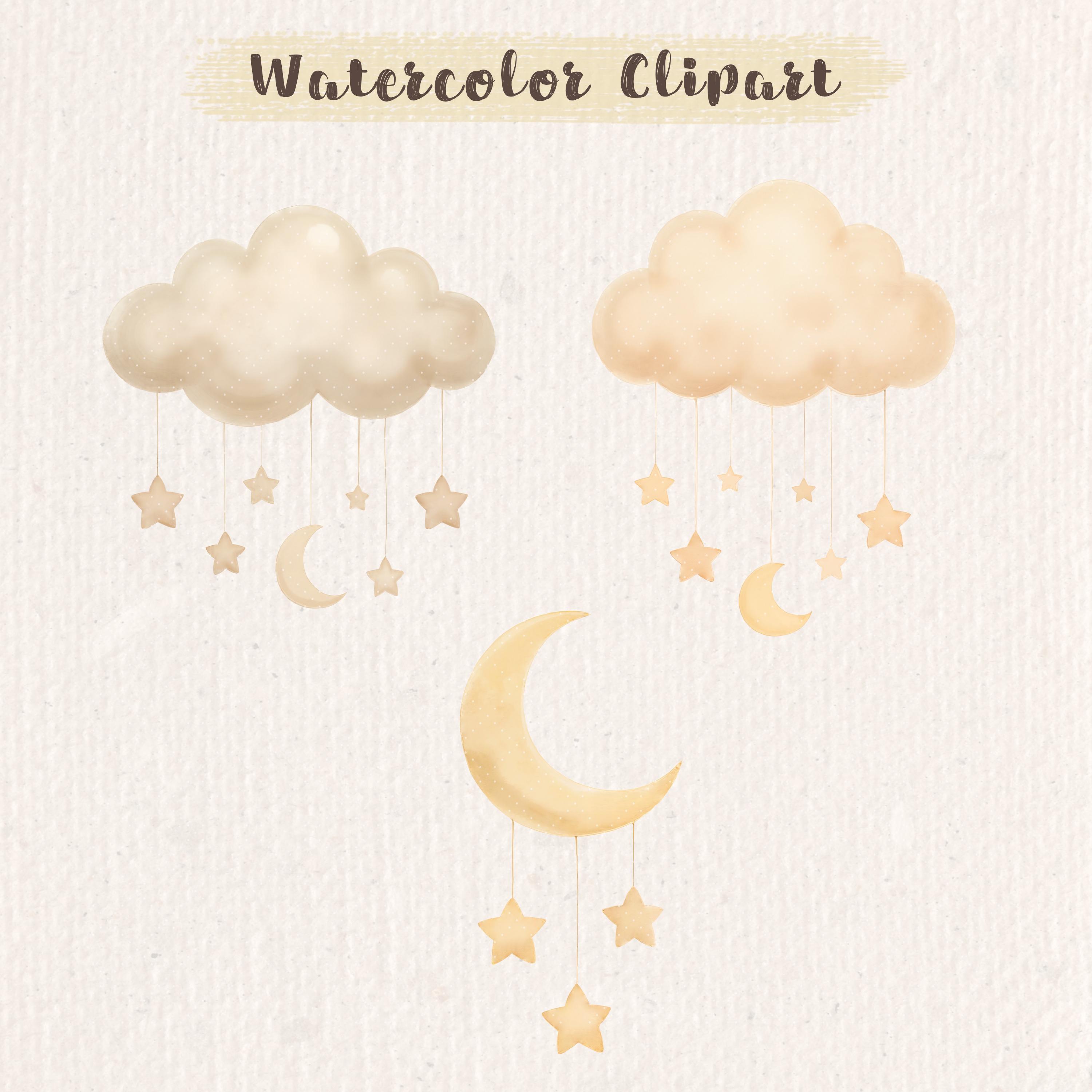 Watercolor Neutral Clouds, Stars, Moons Clipart Bundle, Boho Beige ...