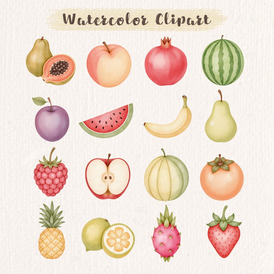 Watercolor Fruits Clipart Bundle, Cute Fruits Clipart, Digital Download ...