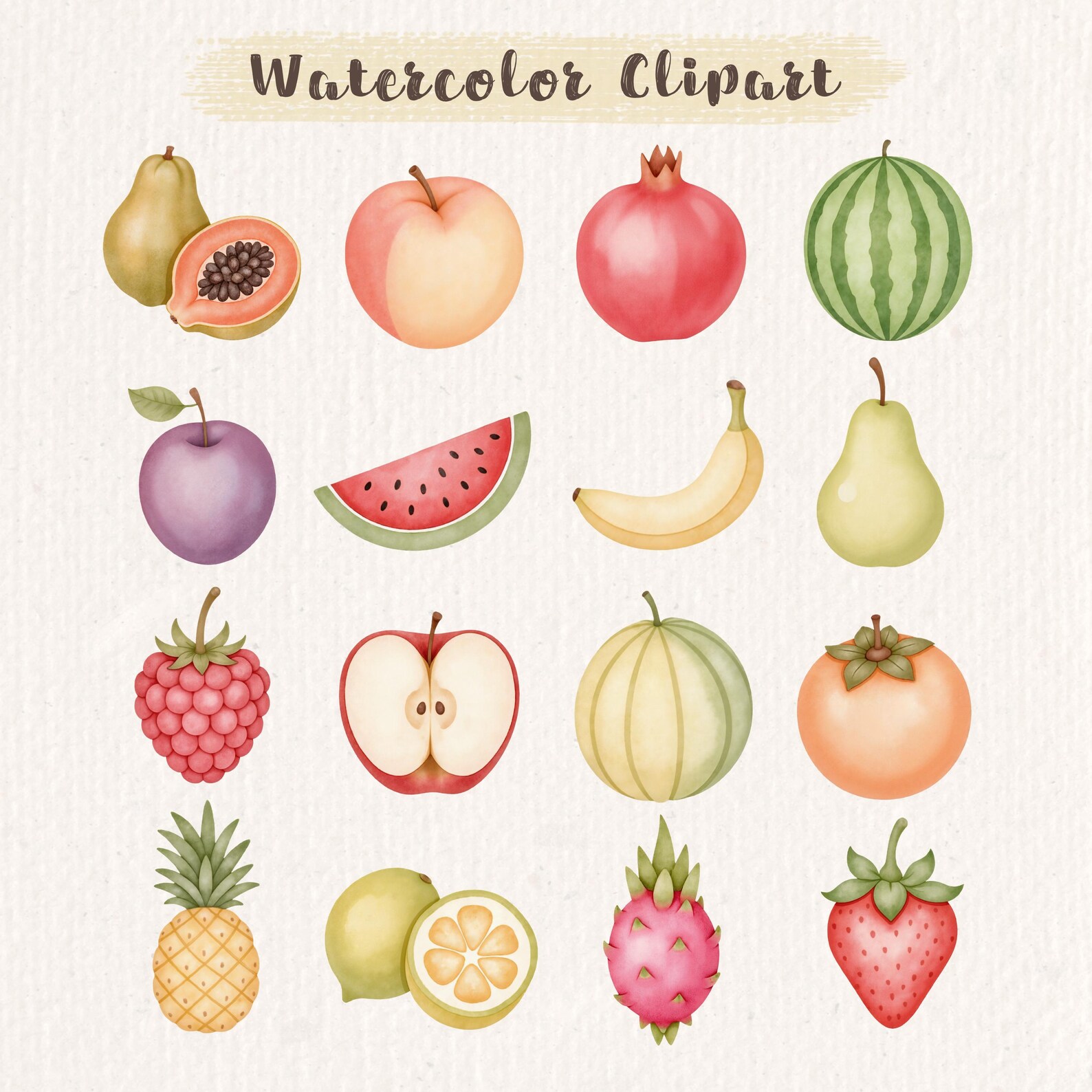 Watercolor Fruits Clipart Bundle, Cute Fruits Clipart, Digital Download ...