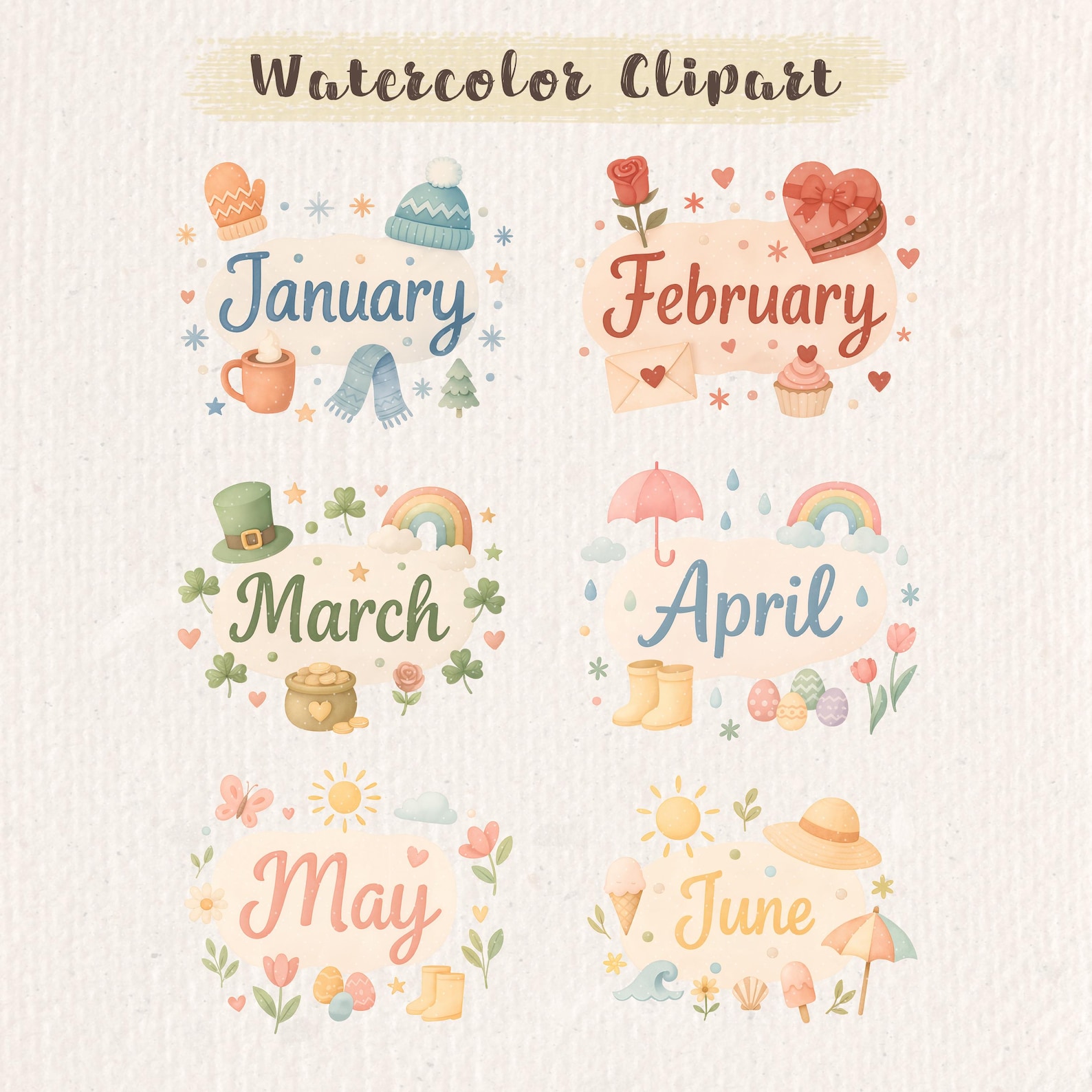 Watercolor Months of the Year Clipart Bundle, 12 Months Calendar ...