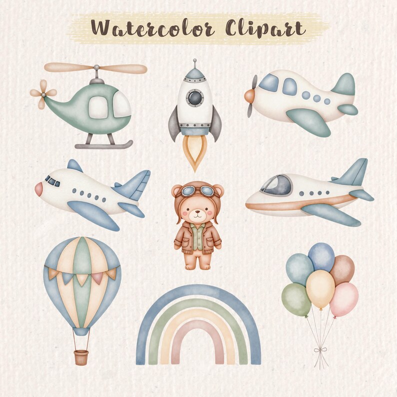 Watercolor Air Transport Clipart Bundle, Airplane Kids Nursery Clipart ...