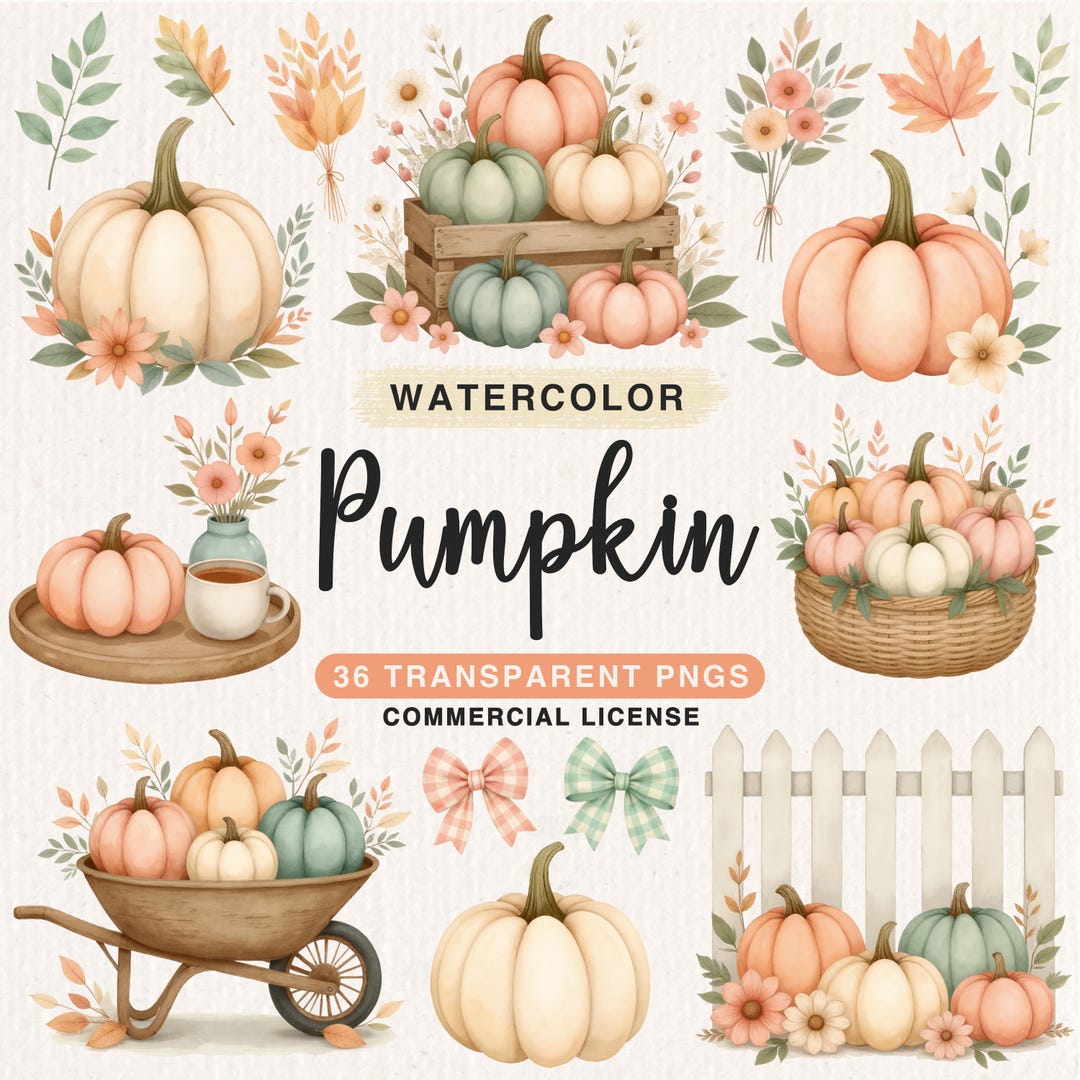 Watercolor Pastel Pumpkin Clipart Bundle, Boho Floral Pumpkin Clipart ...