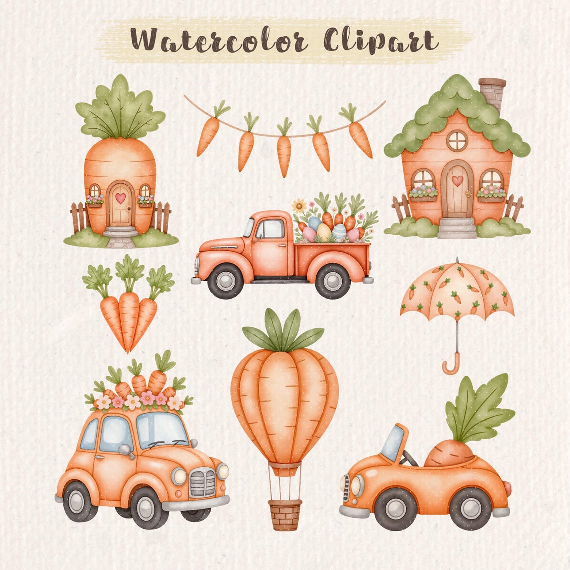 Watercolor Carrot Land Clipart, Spring Carrot Easter Egg Clipart ...