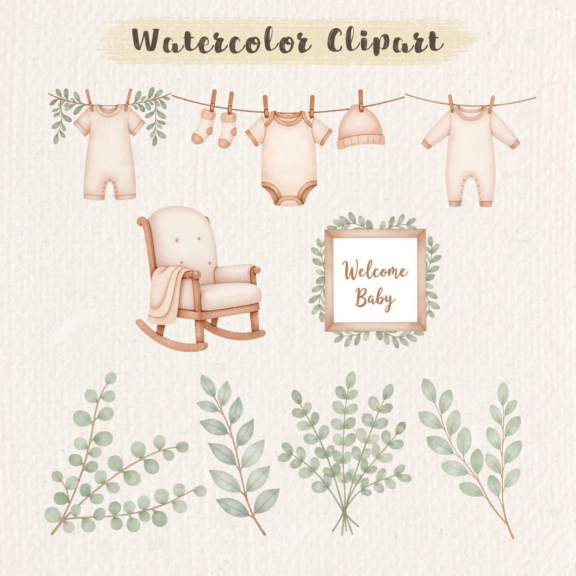 Watercolor Neutral Baby Shower Clipart Bundle, Boho Beige Gender ...