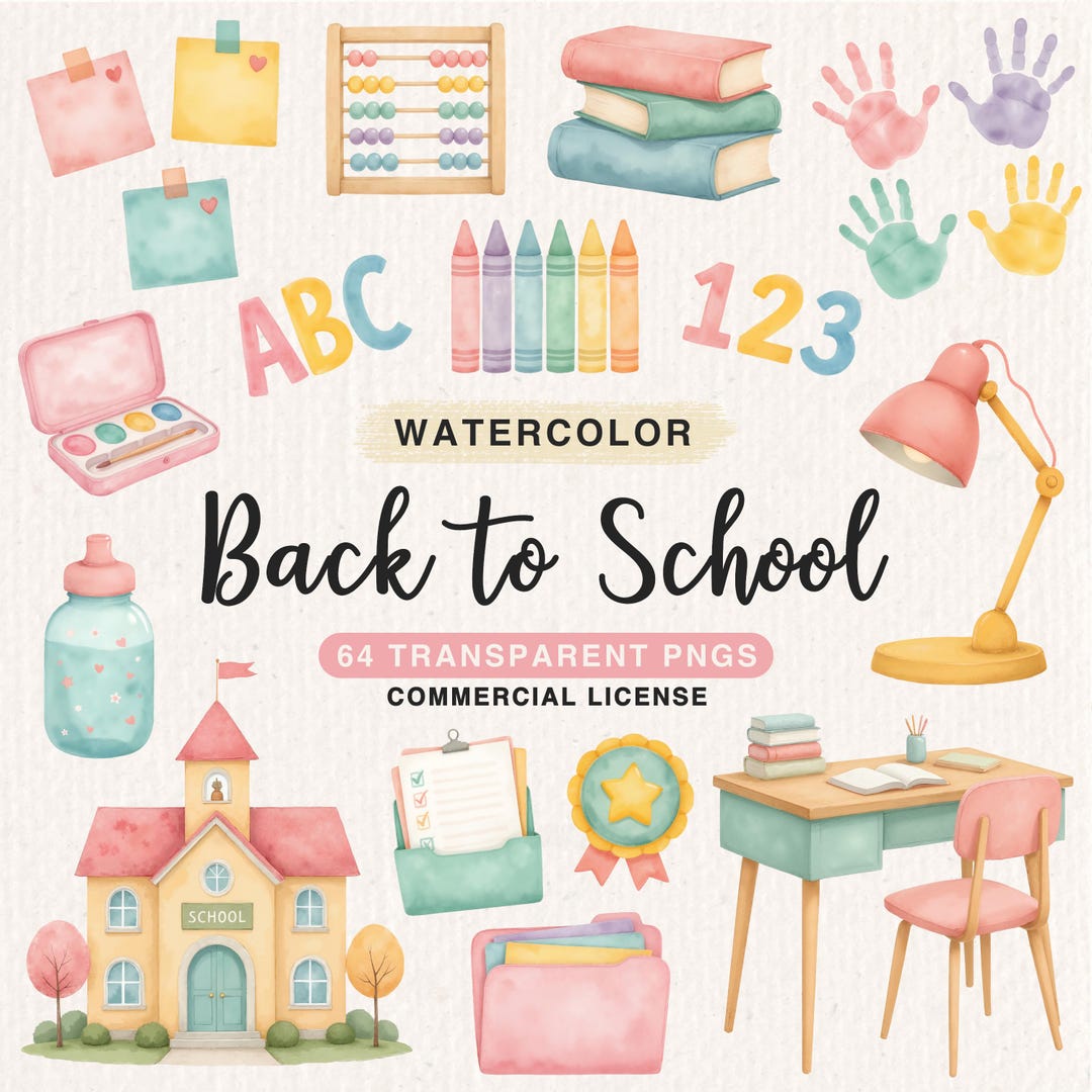Watercolor Pastel Back to School Clipart Bundle, Education ...