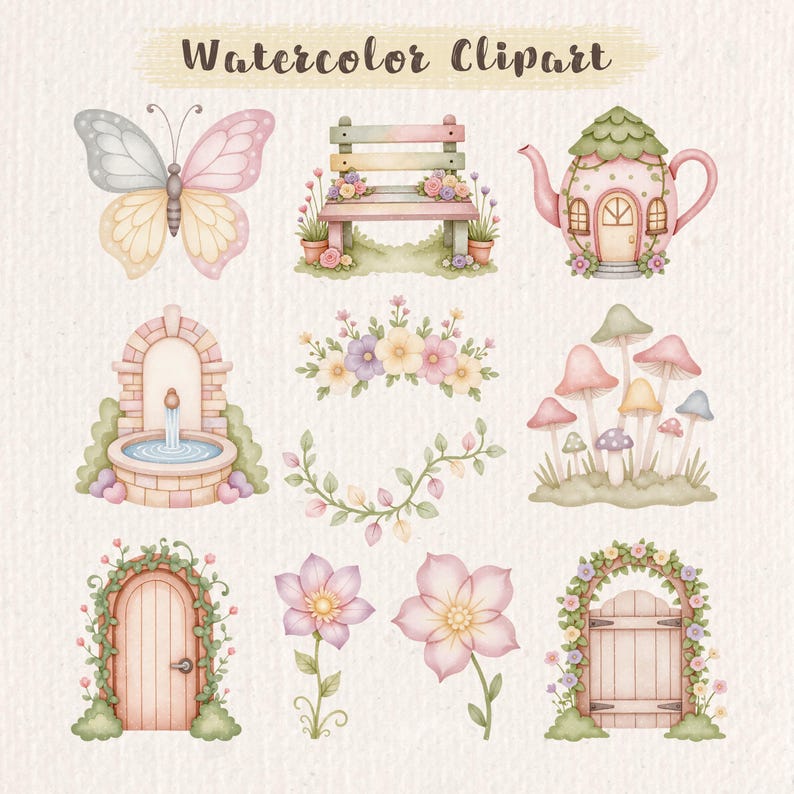 Watercolor Dream Garden Clipart, Floral Secret Garden Clipart, Fairy ...