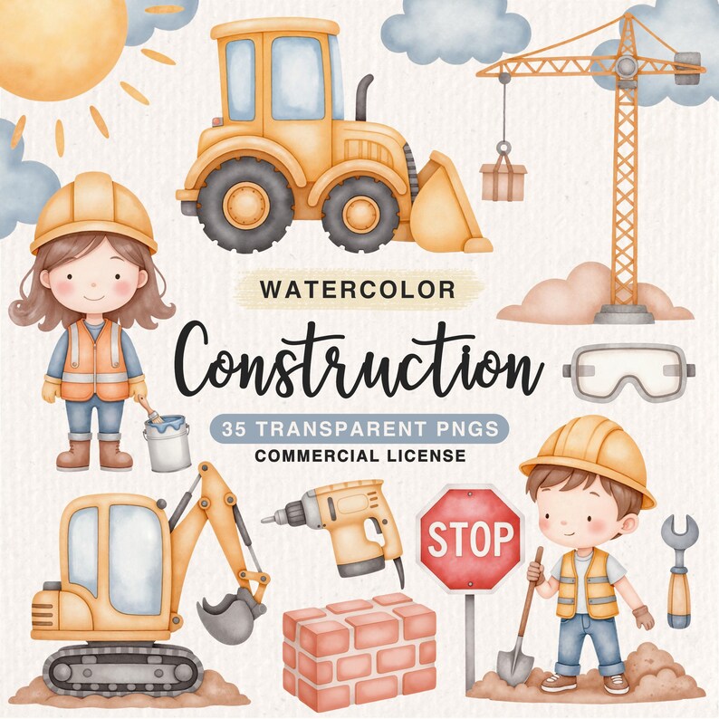 Watercolor Construction Clipart Bundle, Construction Vehicles Clipart ...