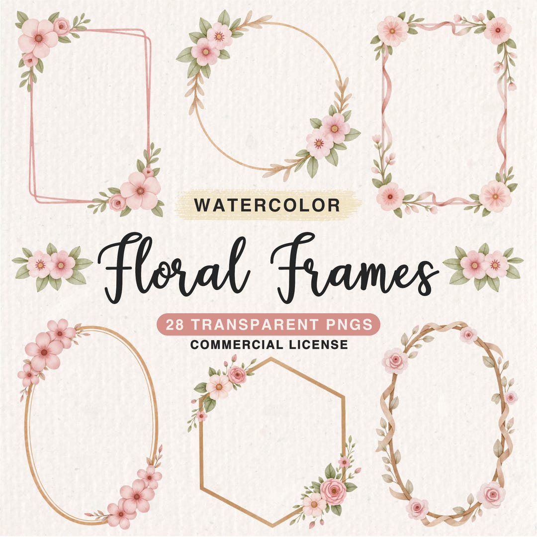 Romantic Pink Floral Frames Clipart Bundle, Pink Flower Border, Minimal ...