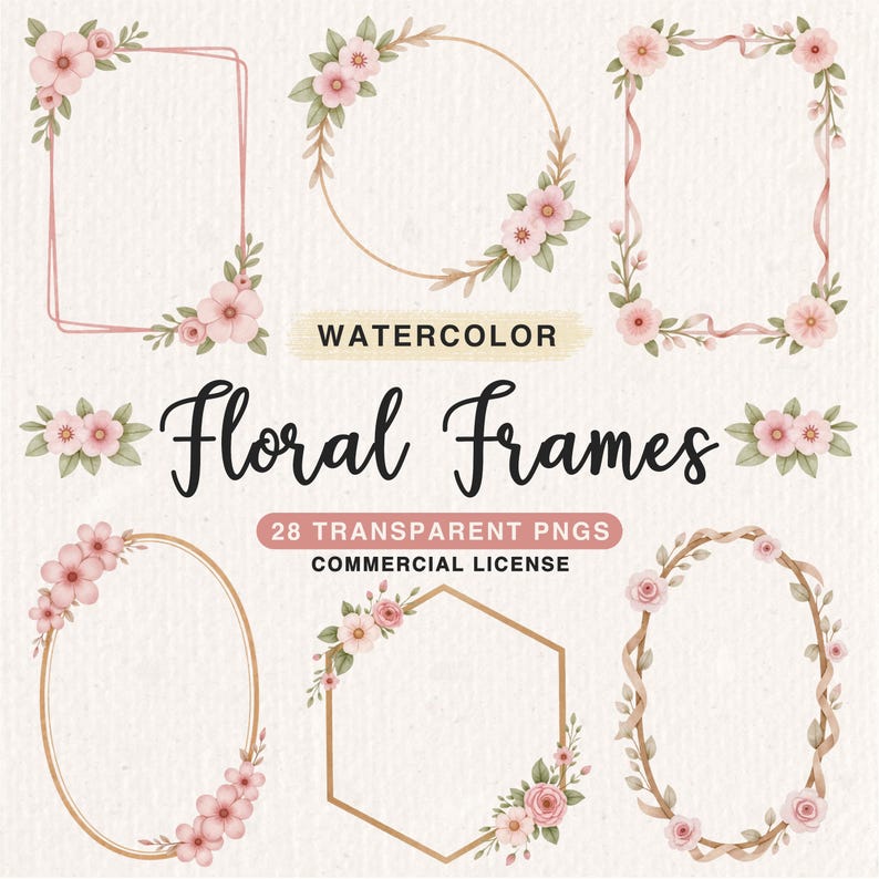 Romantic Pink Floral Frames Clipart Bundle, Pink Flower Border, Minimal ...