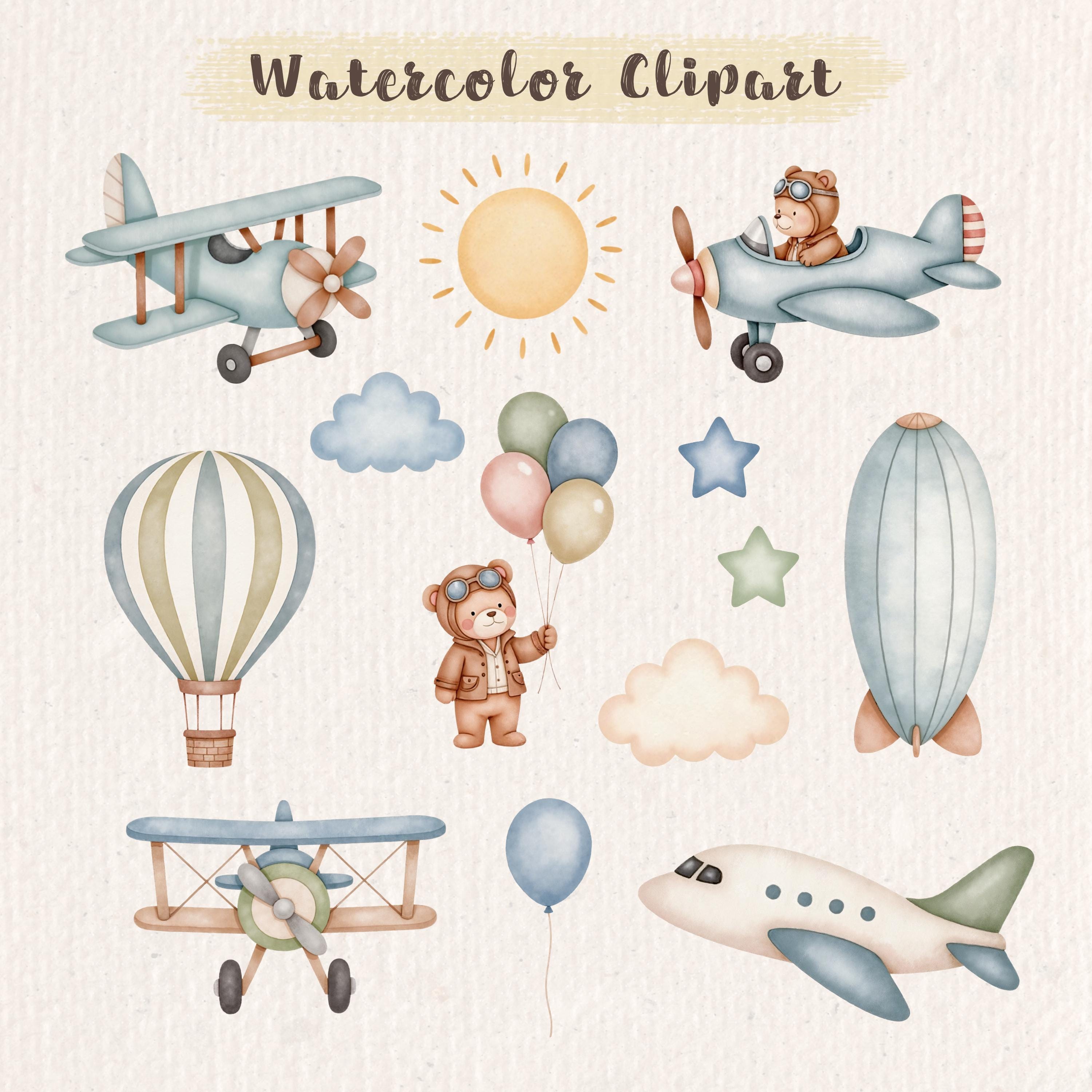 Watercolor Air Transport Clipart Bundle, Airplane Kids Nursery Clipart ...