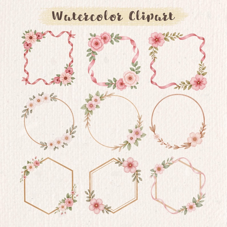 Romantic Pink Floral Frames Clipart Bundle, Pink Flower Border, Minimal ...