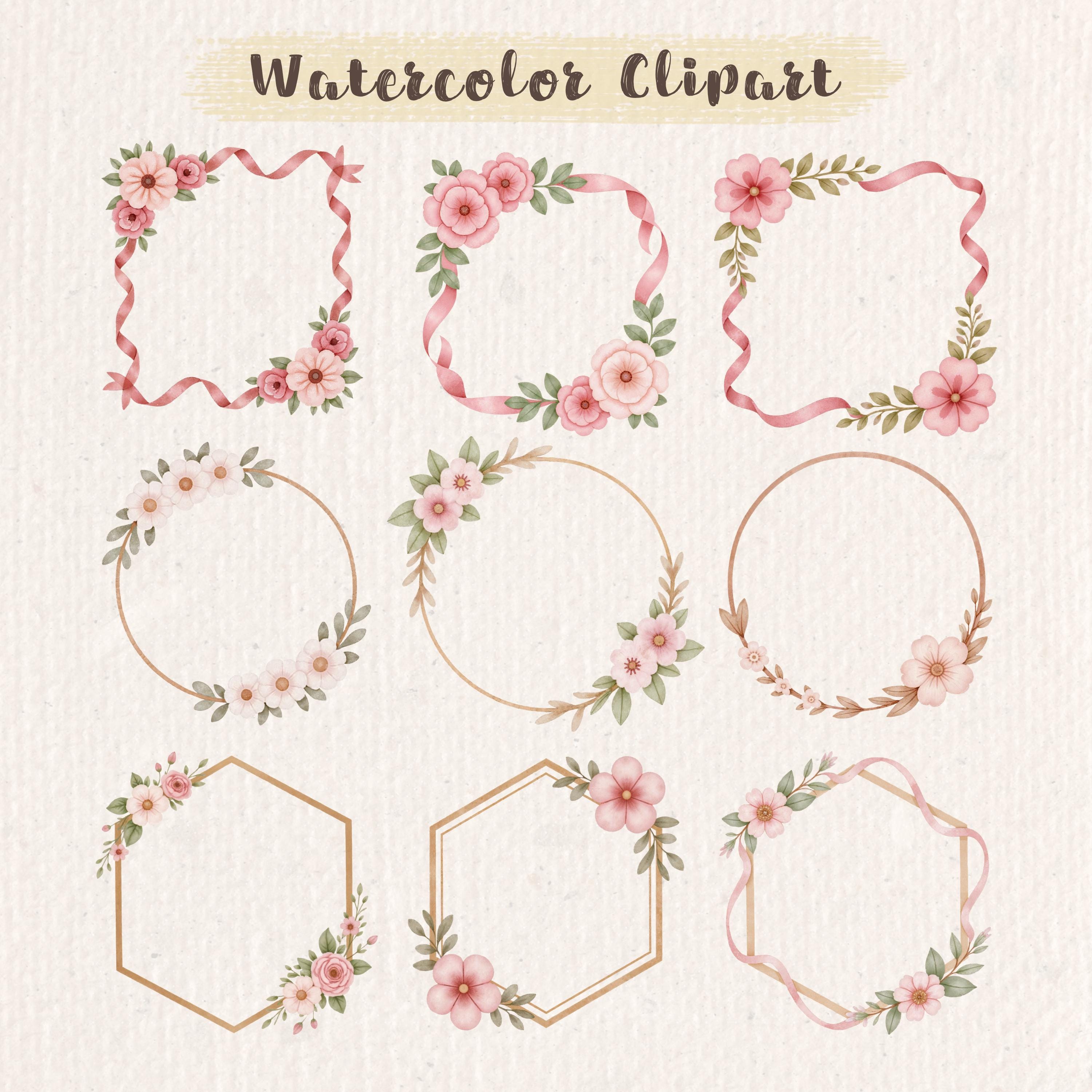 Romantic Pink Floral Frames Clipart Bundle, Pink Flower Border, Minimal ...
