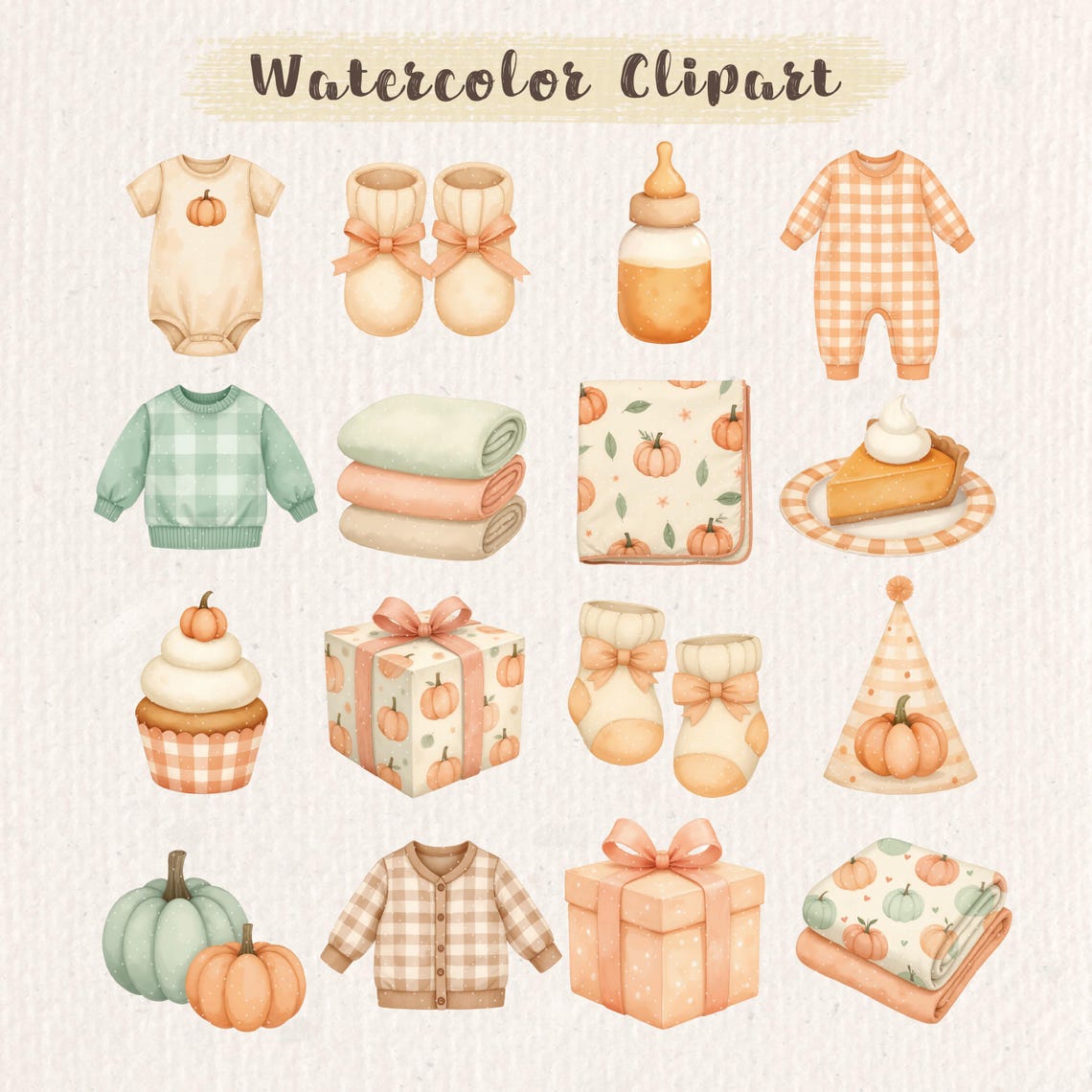 Watercolor Little Pumpkin Baby Shower Clipart Bundle, Boho Pastel ...