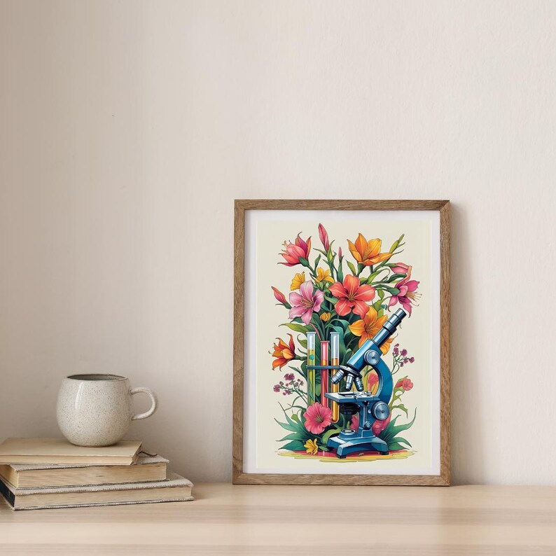 Colorful Microscope Wall Art – Printable Science Poster With Flowers ...