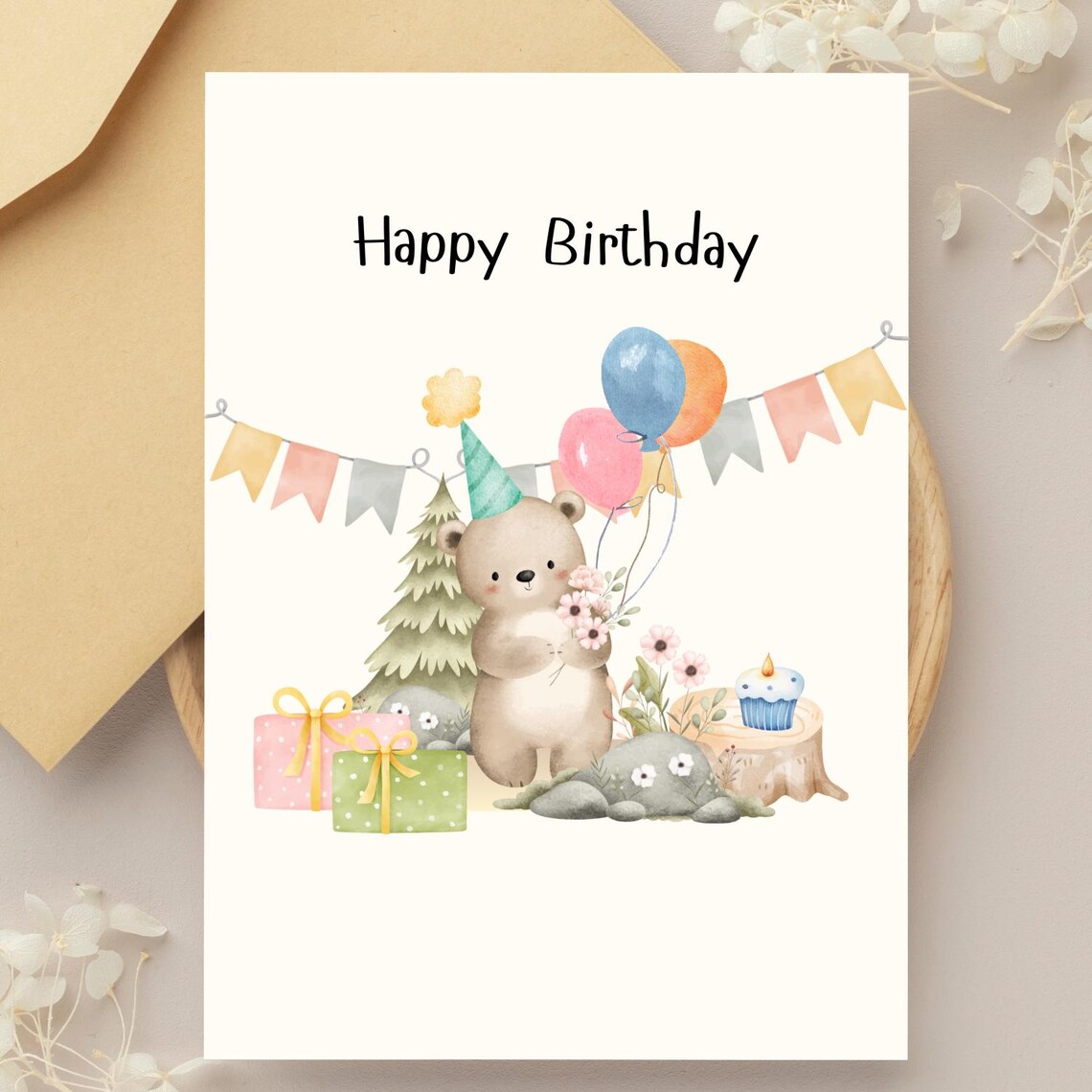 Digital Happy Birthday Bear Card - Cute Bear - Birthday Minimalistic ...