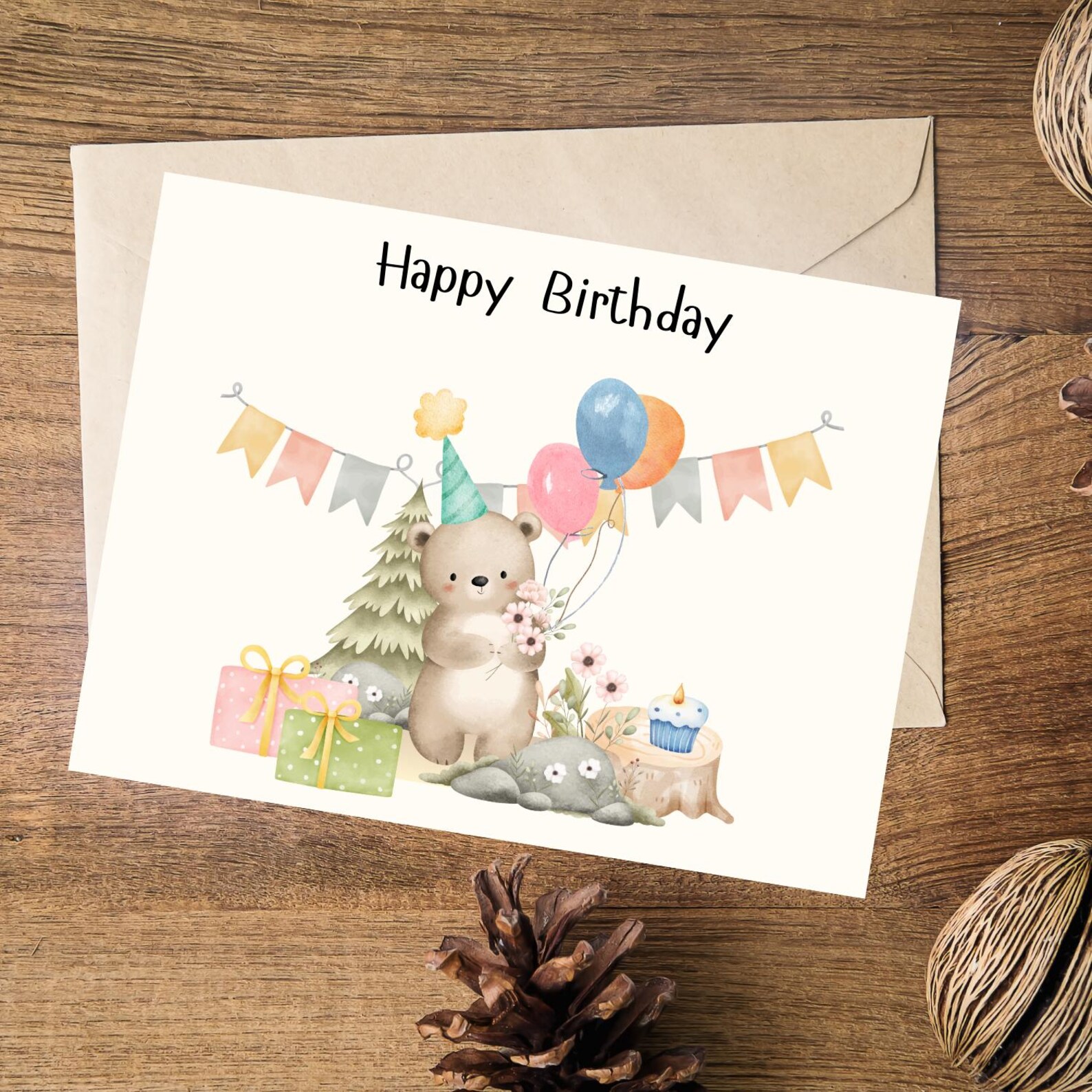 Digital Happy Birthday Bear Card - Cute Bear - Birthday Minimalistic ...