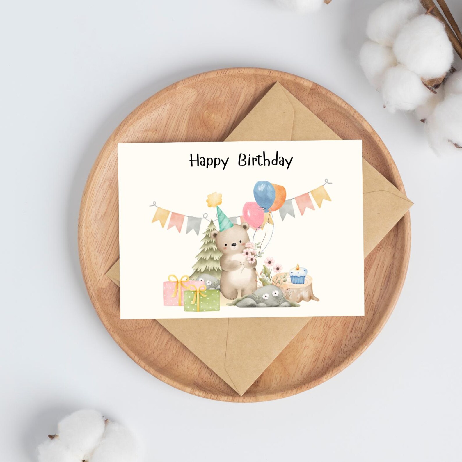 Digital Happy Birthday Bear Card - Cute Bear - Birthday Minimalistic ...
