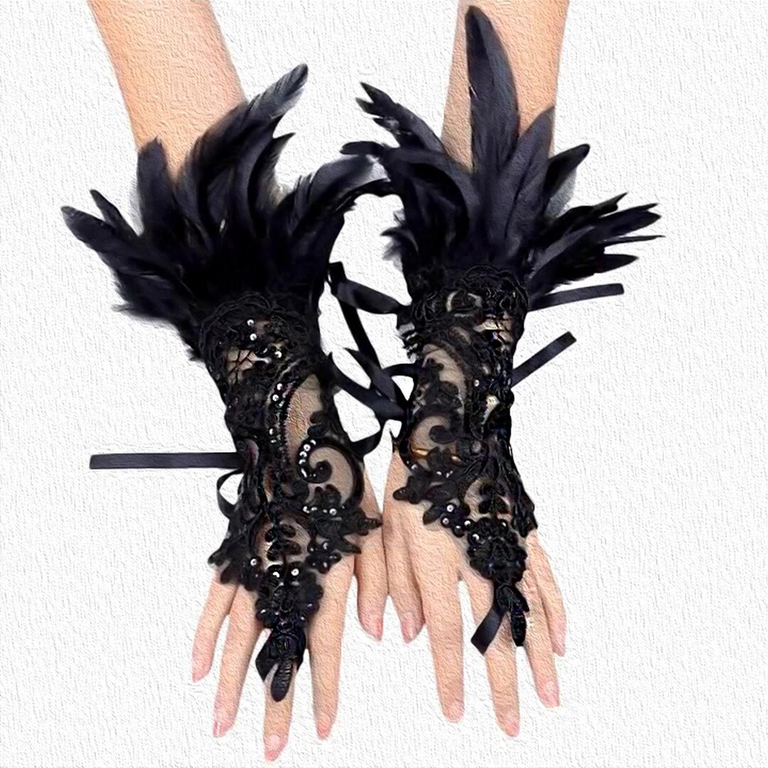 Victorian Black Lace Wrist Cuffs With Feather Detailshandmade Gothic ...