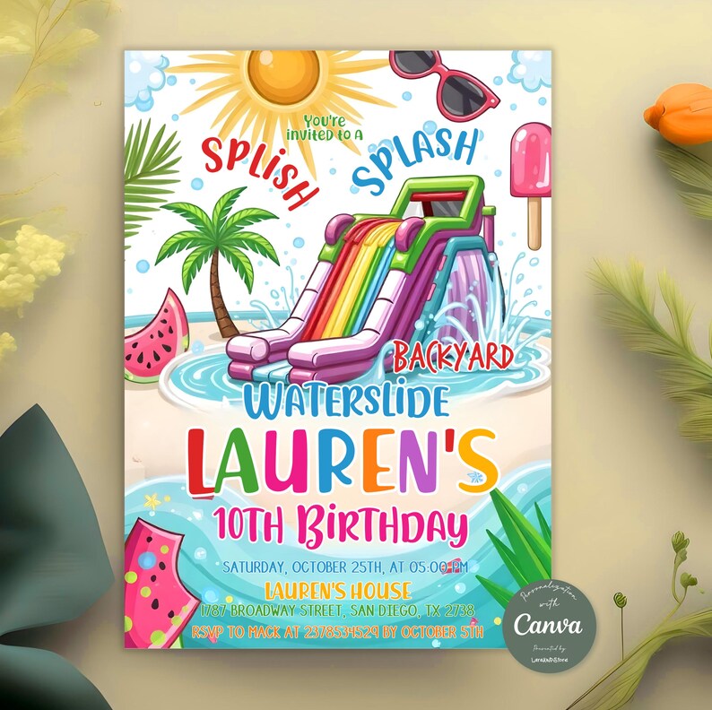 Waterslide Birthday Invitation, Summer Pool Party Invite, Water Slide ...