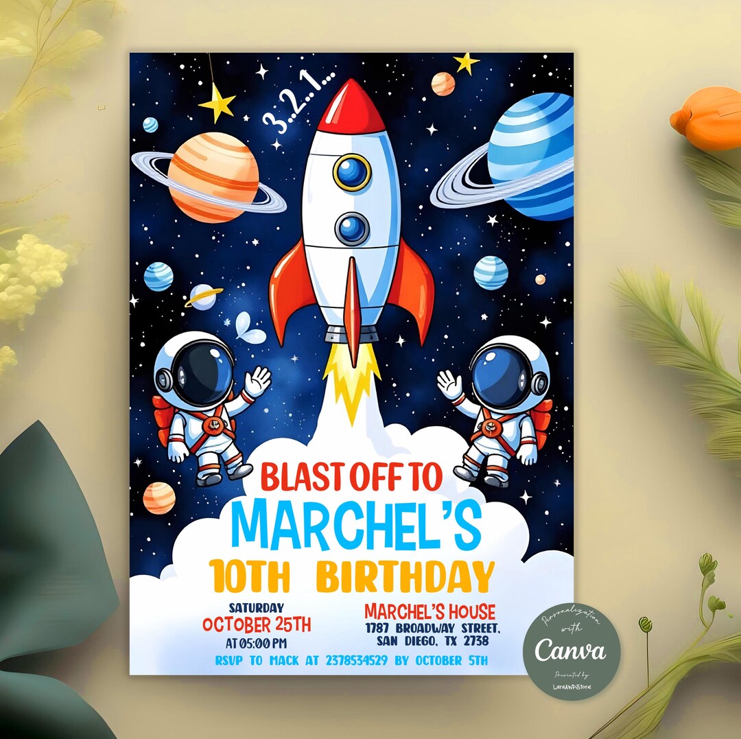 Space Birthday Party Invitation, Astronaut Outer Space Theme Invitation ...