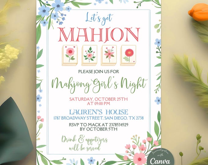 Preppy Mahjong Party Invitation | Watercolor Mahjong Invitation | Let's ...
