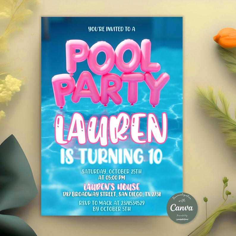Editable Pool Birthday Invitation, Girls Teenage Birthday Invite, Pink ...
