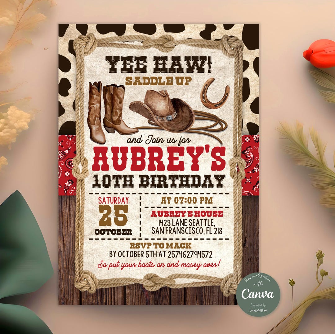 Cowboy Birthday Party Invitation, Cowboy Western Birthday Invitation ...