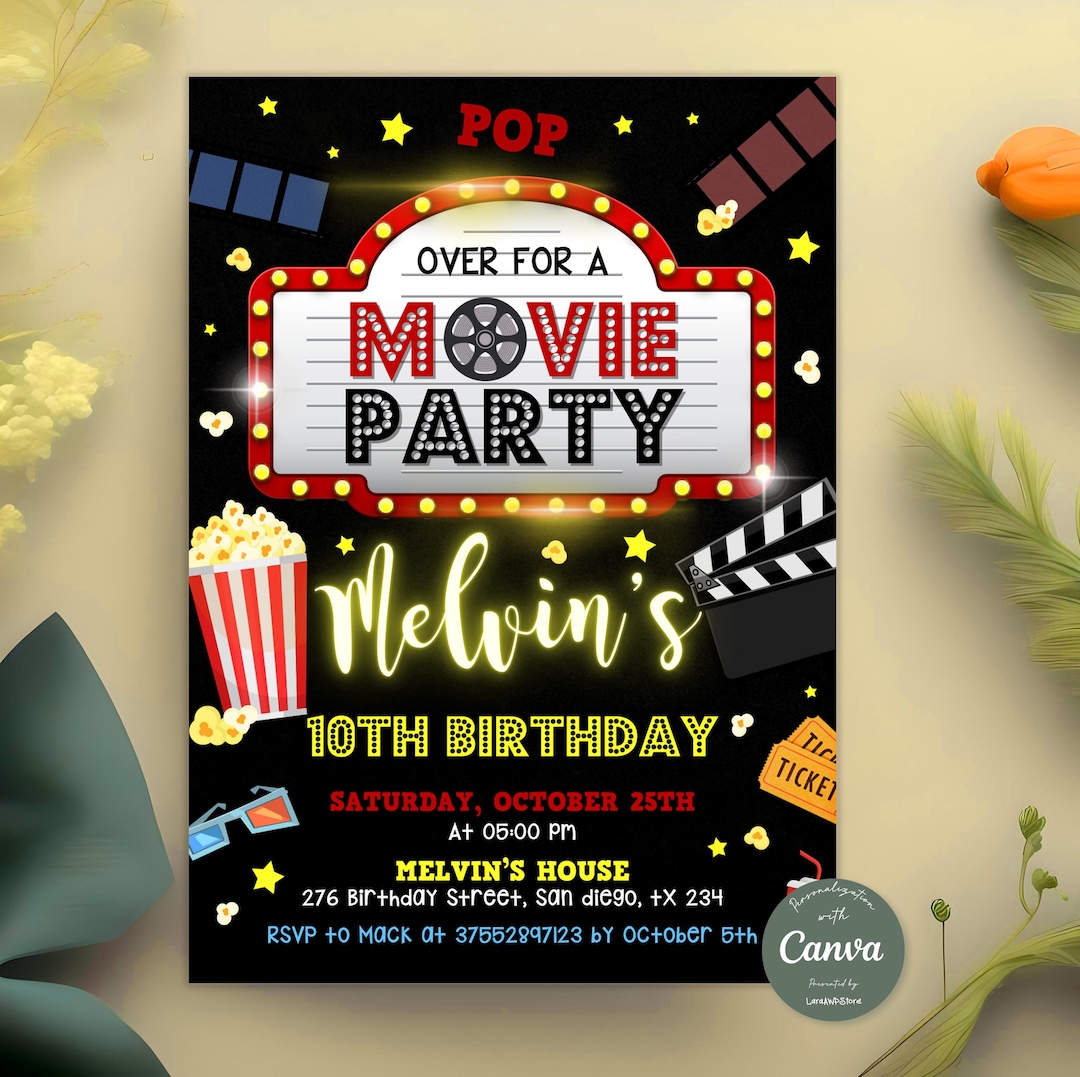 Movie Birthday Invitation, Boy or Girl Movie Theater Birthday Party ...