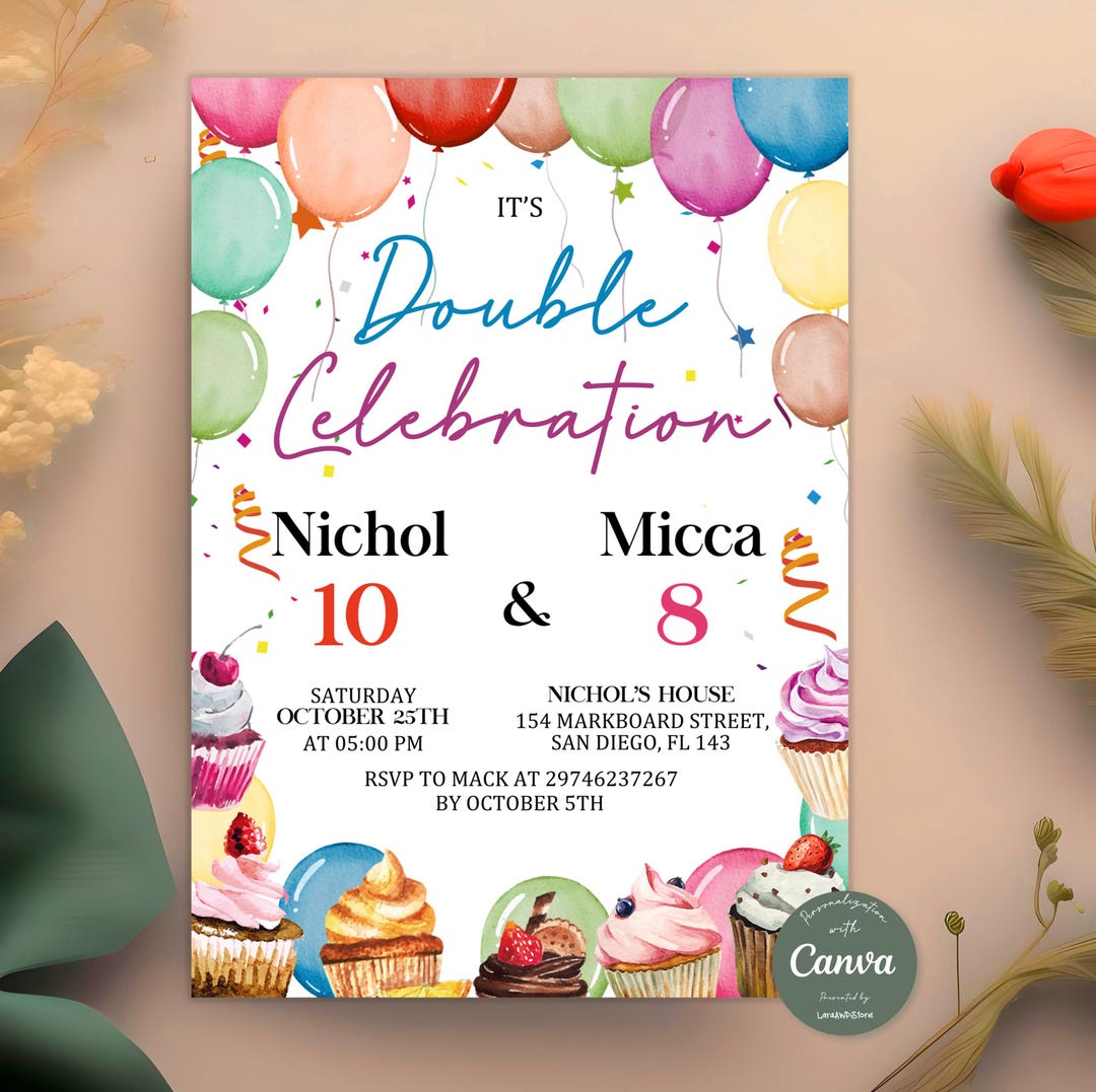 Editable Double Birthday Invitation, Sibling Birthday Party Invite, Two ...