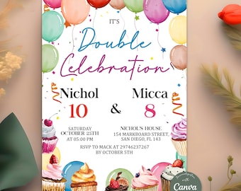 Editable Invitation Double Birthday, Join Birthday Party Invite ...