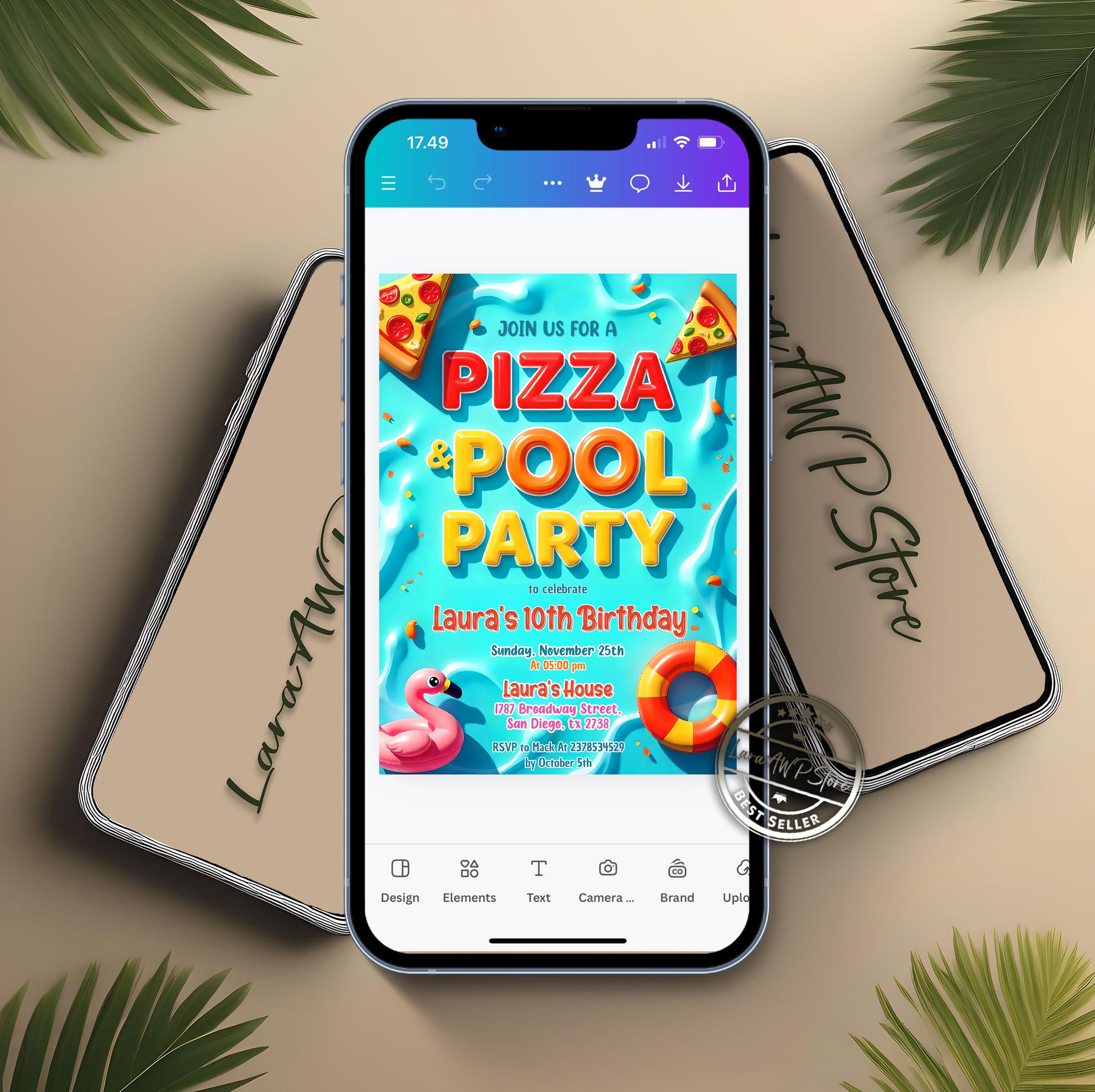 Editable Pizza Pool Party Invitation, Pizza Pool Party Birthday, Pizza ...