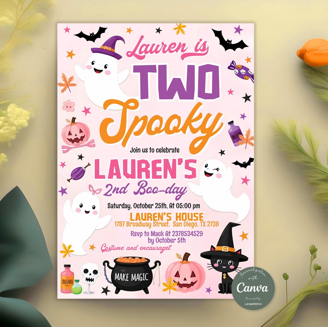 Editable Two Spooky Birthday Invitation, 2nd Boo Day Party Invite, Cute ...