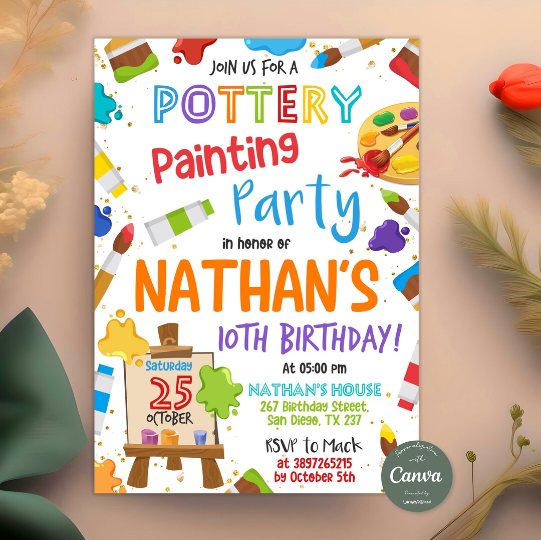 Pottery Painting Birthday Invitation, Art Birthday Party Invitation ...