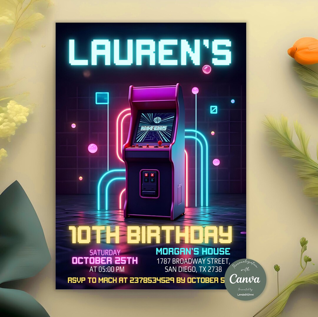 Arcade Birthday Invitation Editable in Canva, Retro Gaming Party Invite ...