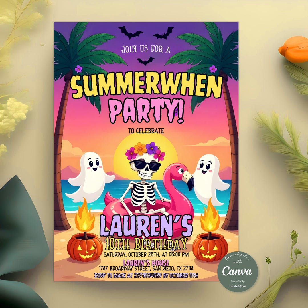 Summerween Party Invitation Template, Summer Halloween Pool and ...