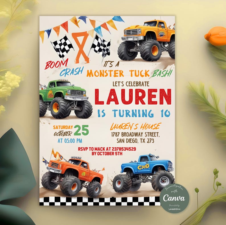Editable Monster Truck Invitation, Monster Truck Birthday Party ...